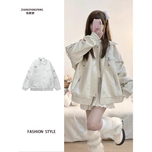 大碼原宿風手袖愛心環扣拼接pu皮衣外套女2025春秋新款機車服夾克|短外套|ETMall東森購物網