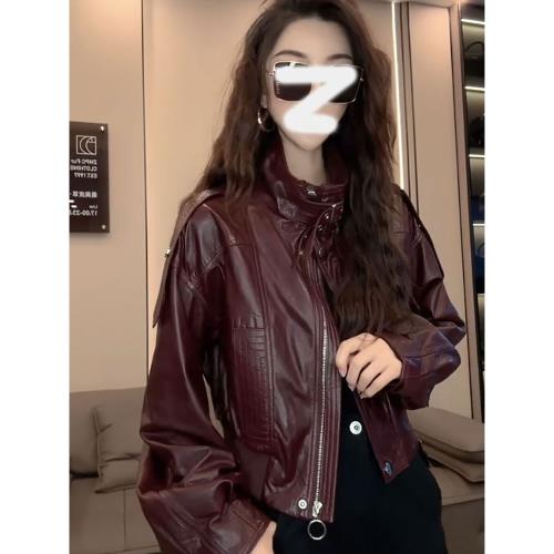 韓系休閑短款皮衣外套女款2024新款立領pu皮工裝夾克寬松機車服潮|皮衣|ETMall東森購物網
