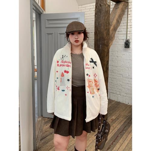 YUZI魚子上衣毛絨印花棉服外套大碼女裝微胖mm顯瘦遮肉200斤御寒|大尺碼棉服|ETMall東森購物網