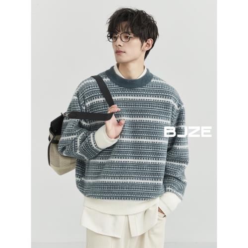 (免運)BJZE男裝24秋冬季復古撞色設計費爾島毛衣套頭寬松韓版保暖針織衫|針織衫/毛衣|ETMall東森購物網