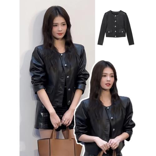 白鹿同款黑色圓領短款外套秋季新款小個子氣質百搭小香風PU皮衣女|皮衣|ETMall東森購物網