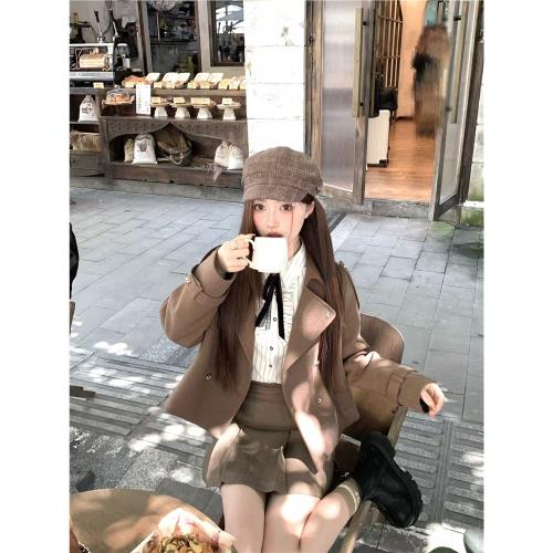 Q女家 英區留子/咖色英倫千金翻領呢子風衣休閑短外套女秋冬新款|毛呢外套|ETMall東森購物網