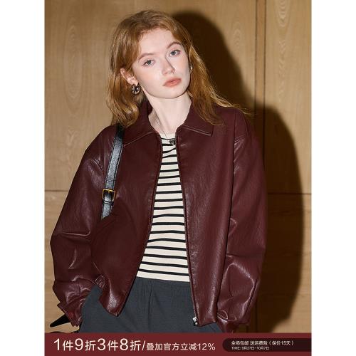 (免運)庫恩瑪維氣質安哥拉紅pu皮外套女2025早春新款巴恩復古風夾克上衣|皮衣|ETMall東森購物網