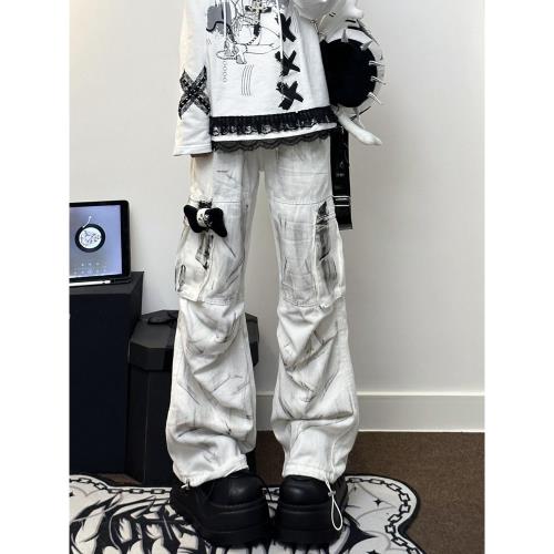 亞文化y2k白色闊腿褲子胖mm工裝|大尺碼褲裝|ETMall東森購物網