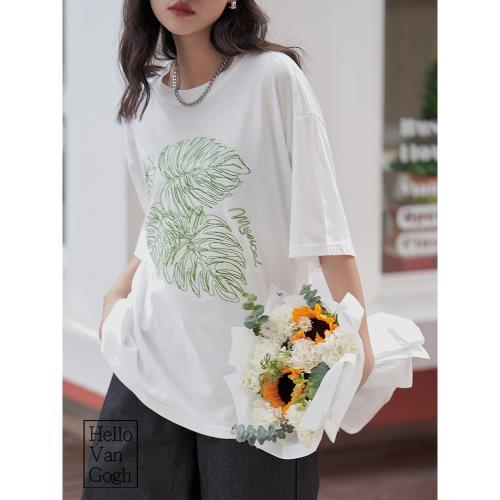 簡約樸素風綠色線條葉子印花圓領23夏季白色T恤女百搭情侶款體恤|T恤|ETMall東森購物網