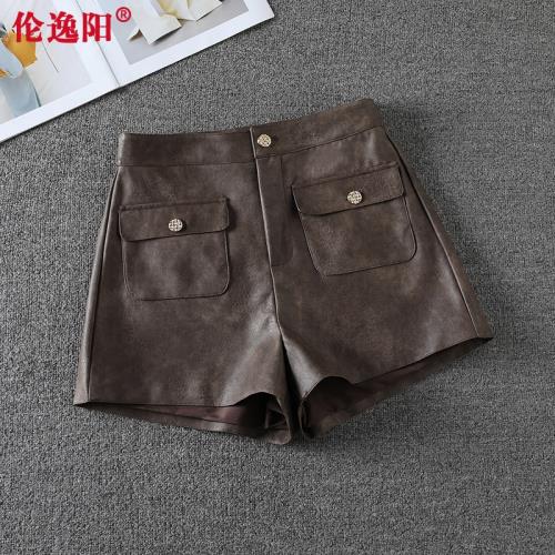 咖色PU皮秋季高腰外穿休閑短褲|休閒褲|ETMall東森購物網