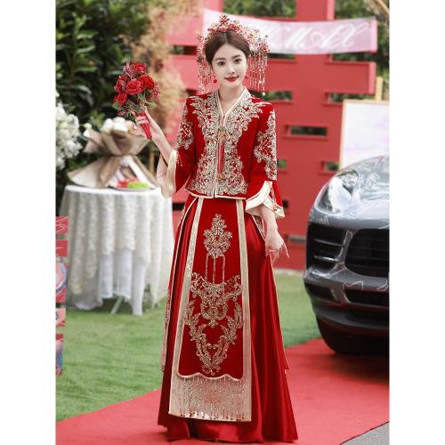 V領秀禾服婚服小個子新娘結婚夏季薄款 低領150婚紗中式145秀和服|秀禾服|ETMall東森購物網