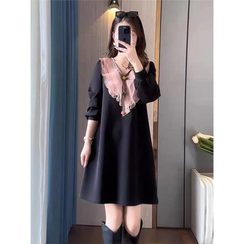 減齡V領荷葉邊春秋寬松中長裙|大尺碼連身裙|ETMall東森購物網