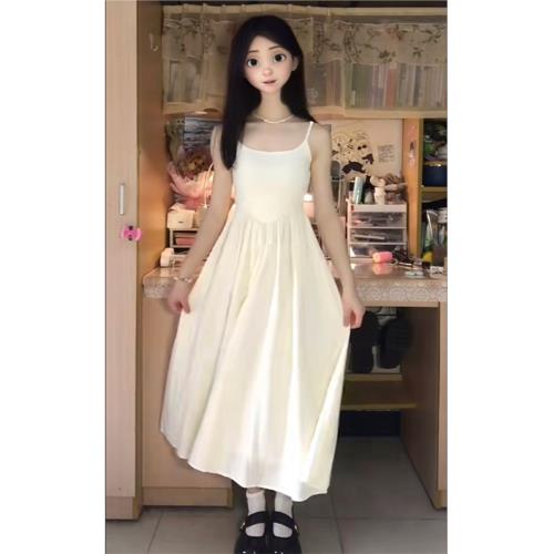 150小矮個子法式溫柔吊帶白色連衣裙女收腰a字中長款初戀打底裙xs|洋裝|ETMall東森購物網