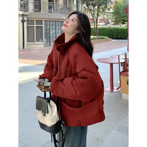 今年流行紅色羽絨服女冬季韓系設計感針織拼接90白鴨絨厚外套爆款|羽絨服|ETMall東森購物網