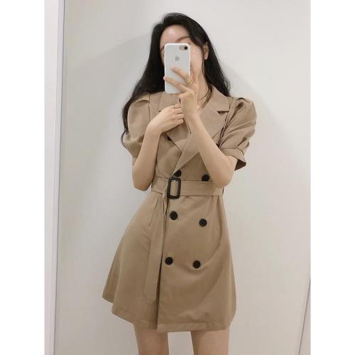 雙排扣西裝連衣裙2020新款小香風泡泡袖收腰顯瘦氣質腰帶裙子女夏|洋裝|ETMall東森購物網