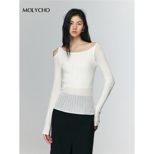 MOLYCHO高級感薄款微透拼接針織衫女秋季鏤空斜肩上衣內搭打底衫|毛針織衫|ETMall東森購物網