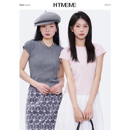 花田櫥窗HTmeme芝士奶酥 小飛袖圓領短袖針織衫女春夏顯瘦T恤上衣|毛針織衫|ETMall東森購物網