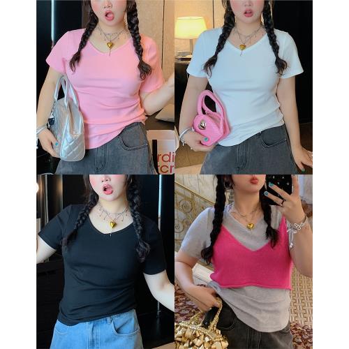 2024新款正肩v領修身大碼短袖t恤|T恤|ETMall東森購物網