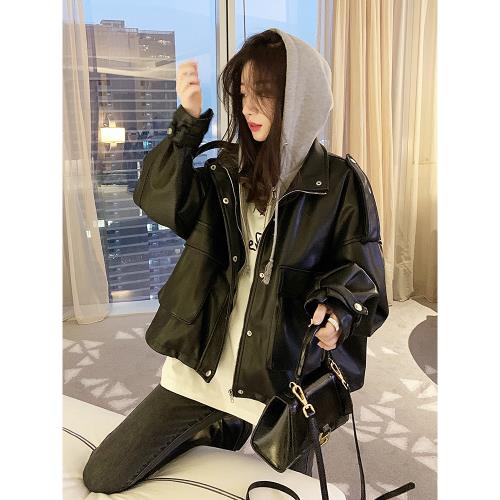 假兩件皮衣外套女2024秋冬新款拼接小個子寬松短款機車服pu皮夾克|皮衣|ETMall東森購物網