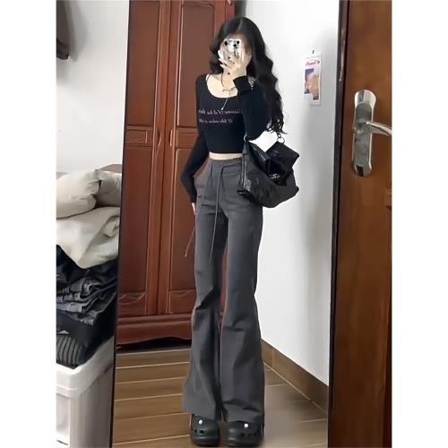 大漂亮高個子灰色微喇叭衛褲女辣妹高腰顯瘦加長版175休閑運動褲|休閒褲|ETMall東森購物網