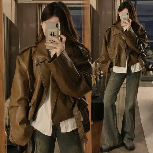 美拉德棕色重工機車pu皮衣外套2025春秋季新爆款男女痞帥短夾克潮|短外套|ETMall東森購物網