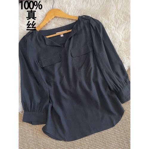 真絲V領七分袖雙口袋法式襯衣|襯衫|ETMall東森購物網