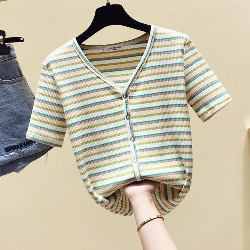 彩虹條紋V領針織短袖ins T恤|真絲上裝|ETMall東森購物網