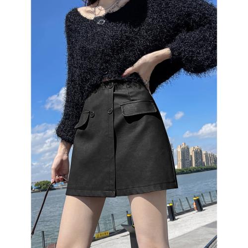 高腰皮裙女半身裙秋冬2024新款啞光PU裙子設計感小個子黑色小短裙|半身裙|ETMall東森購物網