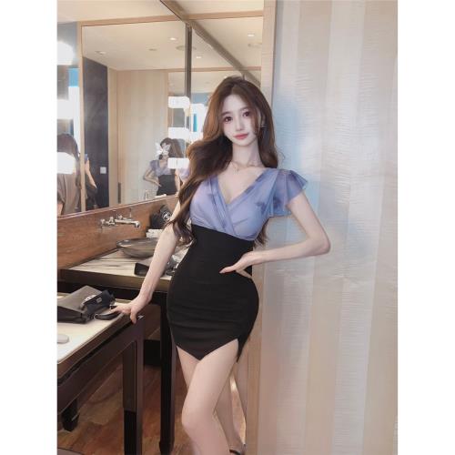 2024 夏季新款性感連衣裙夜總店緊身包臀深v領氣質足浴技師工作服|洋裝|ETMall東森購物網