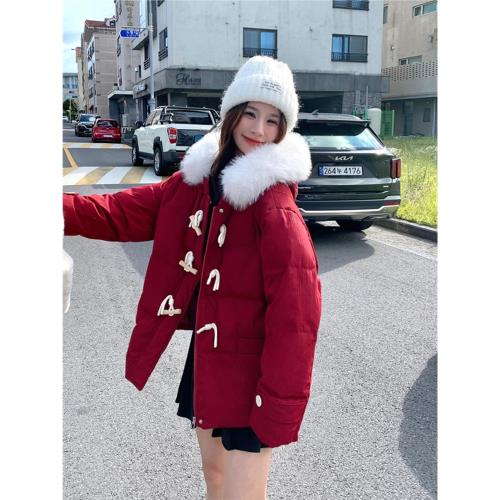 新年紅色大毛領牛角扣羽絨服女冬短款2025新款面包服90白鴨絨外套|羽絨服|ETMall東森購物網