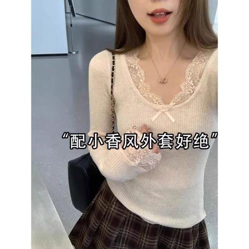 法式性感吸睛蕾絲蝴蝶結修身長袖V領針織衫女秋季辣妹bm內搭毛衣|毛針織衫|ETMall東森購物網