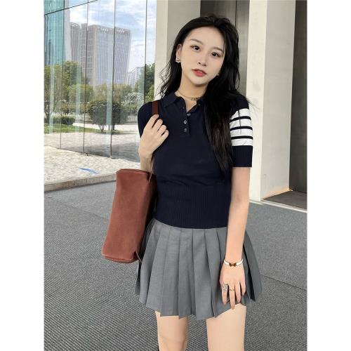 tb小香風短袖翻領polo衫學院冰絲上衣女藍色半袖針織衫女灰色新款|金秋購物節，全站最高39%回饋，消費滿額再抽999黃金|毛針織衫|ETMall東森購物網