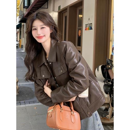 今年流行棕色pu皮衣外套女春秋2025新款炸街小個子短款洋氣皮夾克|皮衣|ETMall東森購物網