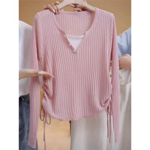 初秋抽繩v領微胖mm獨特假兩件|毛針織衫|ETMall東森購物網