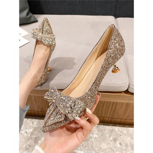 法式蝴蝶結婚鞋新娘鞋2025年夏季新款3cm低跟高跟鞋女訂婚水晶鞋|淺口單鞋|ETMall東森購物網