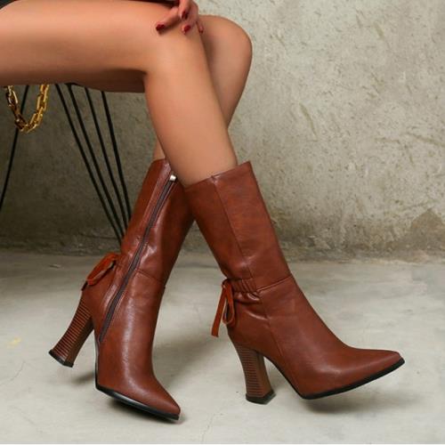 歐美風蝴蝶結尖頭粗高跟中筒靴大碼44 45 46 47 48 49 50碼時裝靴|時裝靴|ETMall東森購物網