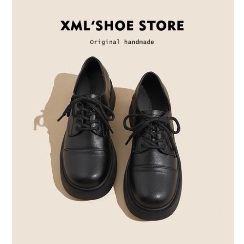 軟牛皮~厚底英倫風樂福鞋2024春秋新款系帶jk小皮鞋黑色百搭單鞋|淺口單鞋|ETMall東森購物網