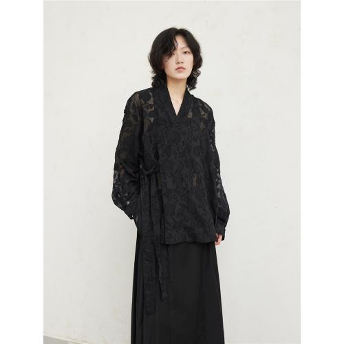 23FW中式禪意交叉領系帶長袖襯衫|襯衫|ETMall東森購物網