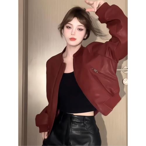 美式復古紅色pu皮衣外套女2025春秋新款高級感短款寬松機車服夾克|皮衣|ETMall東森購物網