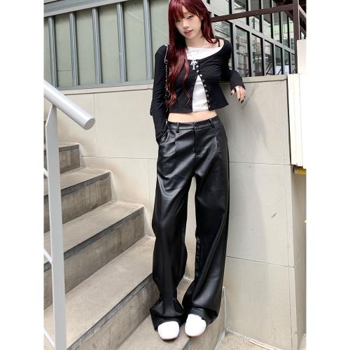 艾橙顏2024年秋季PU皮高腰休閑褲|休閒褲|ETMall東森購物網