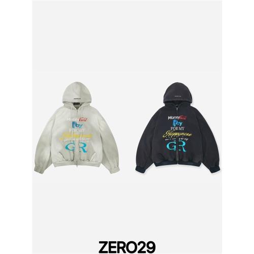 Grailz Project G/R 24FW 水洗做舊破壞多logo標語拉鏈帽衫寬松版|衛衣|ETMall東森購物網