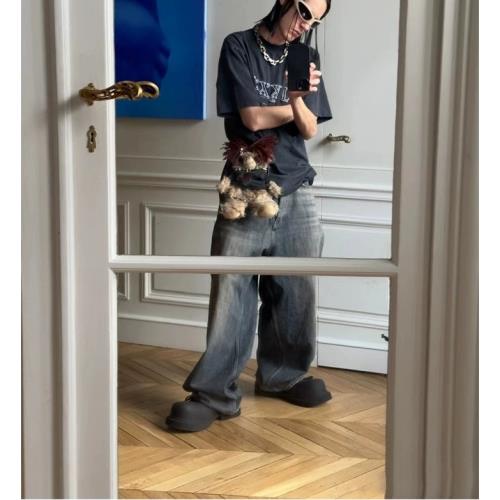 巴黎風格自主23FW竹節豎紋闊腿牛仔褲水洗藍寬松休閑|牛仔褲|ETMall東森購物網