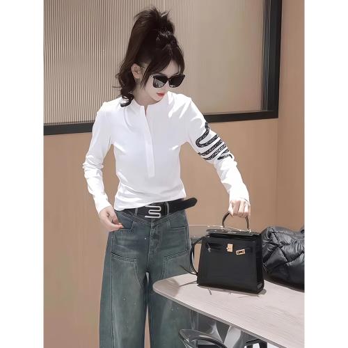 2025夏季新款女裝亨利領打底衫內搭修身長袖白色t恤chic韓系上衣|T恤|ETMall東森購物網