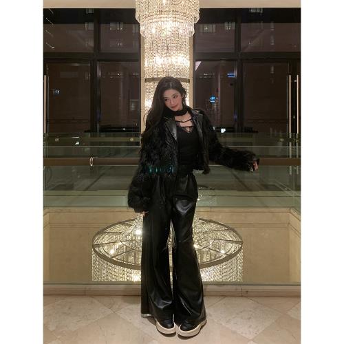 Barb Chill美式復古PU皮褲2024冬季新款高腰顯瘦闊腿褲寬松直筒褲|休閒褲|ETMall東森購物網