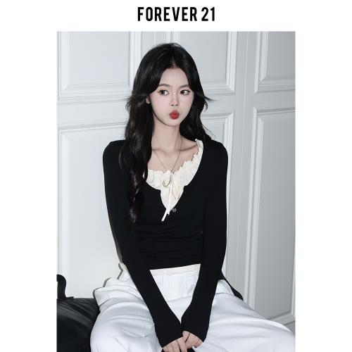 Forever21純欲黑色木耳邊假兩件T恤衫女冬季chic修身長袖打底上衣|T恤|ETMall東森購物網
