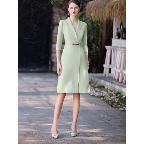 AD春夏淺綠色職業裝連衣裙一粒扣氣質青果領西服裙子OL通勤淑女風|洋裝|ETMall東森購物網