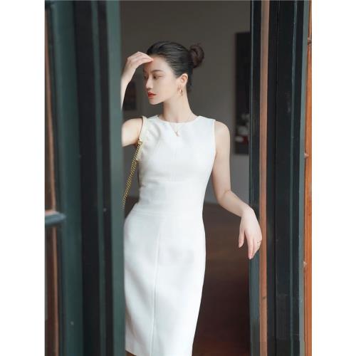 25春夏季新款白色無袖修身顯瘦氣質職業OL中長高級感純色連衣裙女|洋裝|ETMall東森購物網