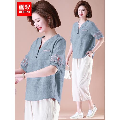 棉麻洋氣中年媽媽t恤40歲夏裝|中老年女裝|ETMall東森購物網