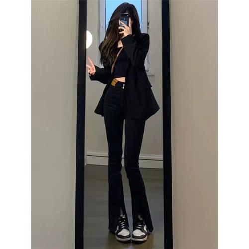 高腰微喇牛仔褲女夏秋款加長高個子女生175拖地開叉馬蹄喇叭褲子|牛仔褲|ETMall東森購物網