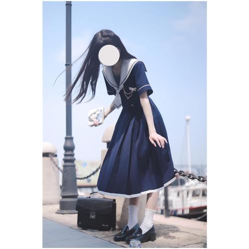 2025夏季日系JK水手服海軍領元氣少女中長款收腰學院風學生班服裙|洋裝|ETMall東森購物網