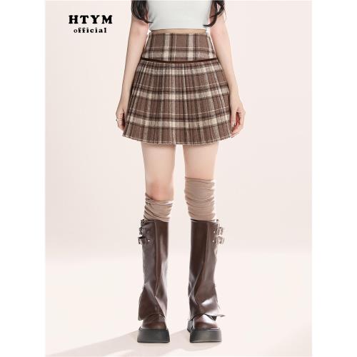 HTYM伯格舊聞 復古棕色格子半身裙女秋冬新款顯瘦高腰短裙裙子ins|半身裙|ETMall東森購物網