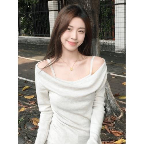 露肩法式蕩領初秋季chic假兩件|毛針織衫|ETMall東森購物網