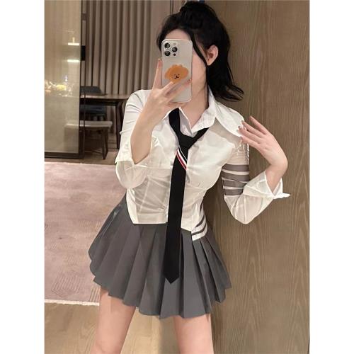 tb修身領帶長袖襯衫女25春夏新款學院純欲風白色顯瘦收腰打底上衣|襯衫|ETMall東森購物網