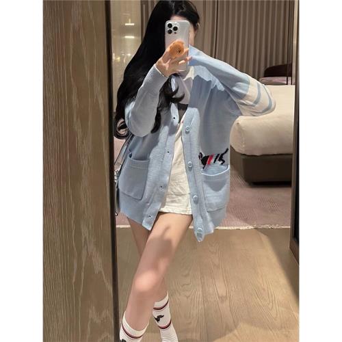 tb狗狗V領羊毛寬松針織開衫女25春秋新款減齡韓版中長款毛衣外套|毛針織衫|ETMall東森購物網